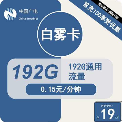 广电白雾卡19元月包192G通用流量+通话0.15元/分钟 - 选卡网