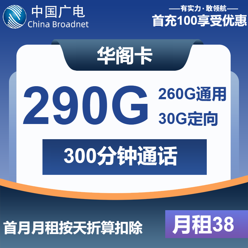 广电华阁卡38元月包260G通用流量+30G定向流量+300分钟通话 - 选卡网