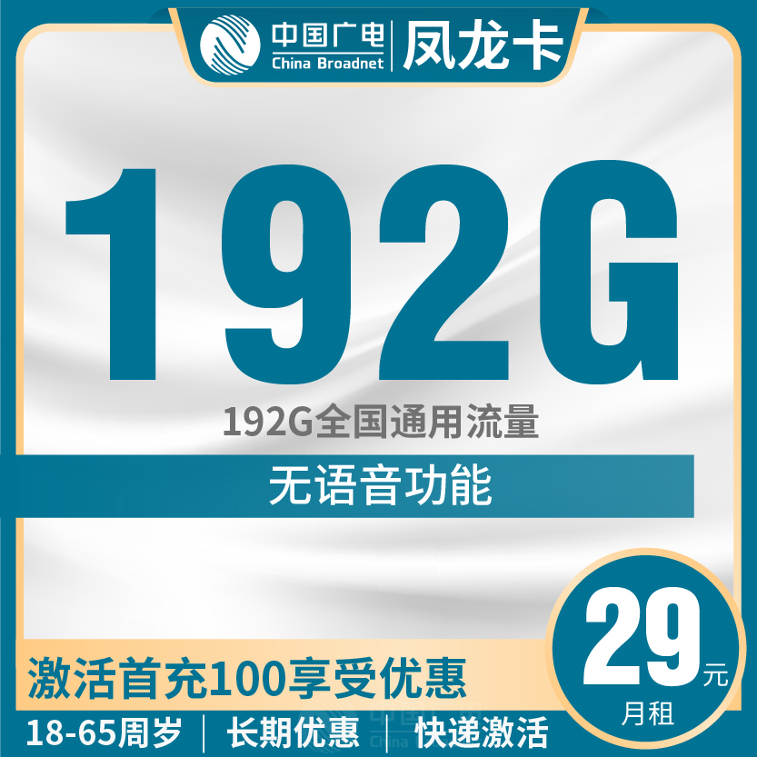 广电凤龙卡29元月包192G通用流量+无语音功能 - 选卡网